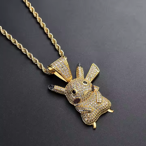 Pikachu cz pendant & Chain Necklace Iced Out Bling Silver Jewellery ...