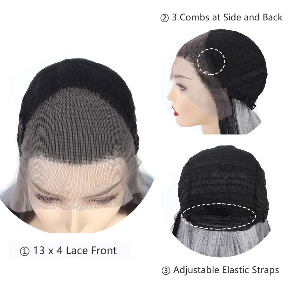 Long Straight Lace Front Wig Women Brown Gray Blue Gradient Wigs ...