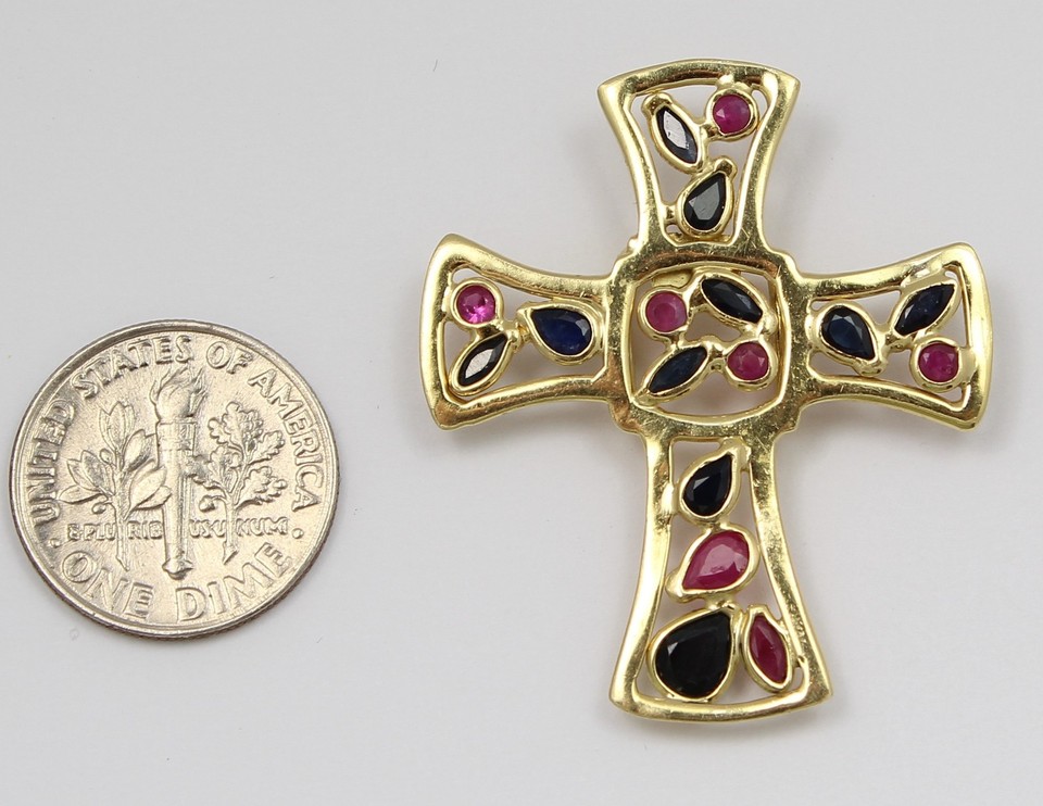 18k Yellow Gold Ruby and Sapphire Cross Pendant | eBay