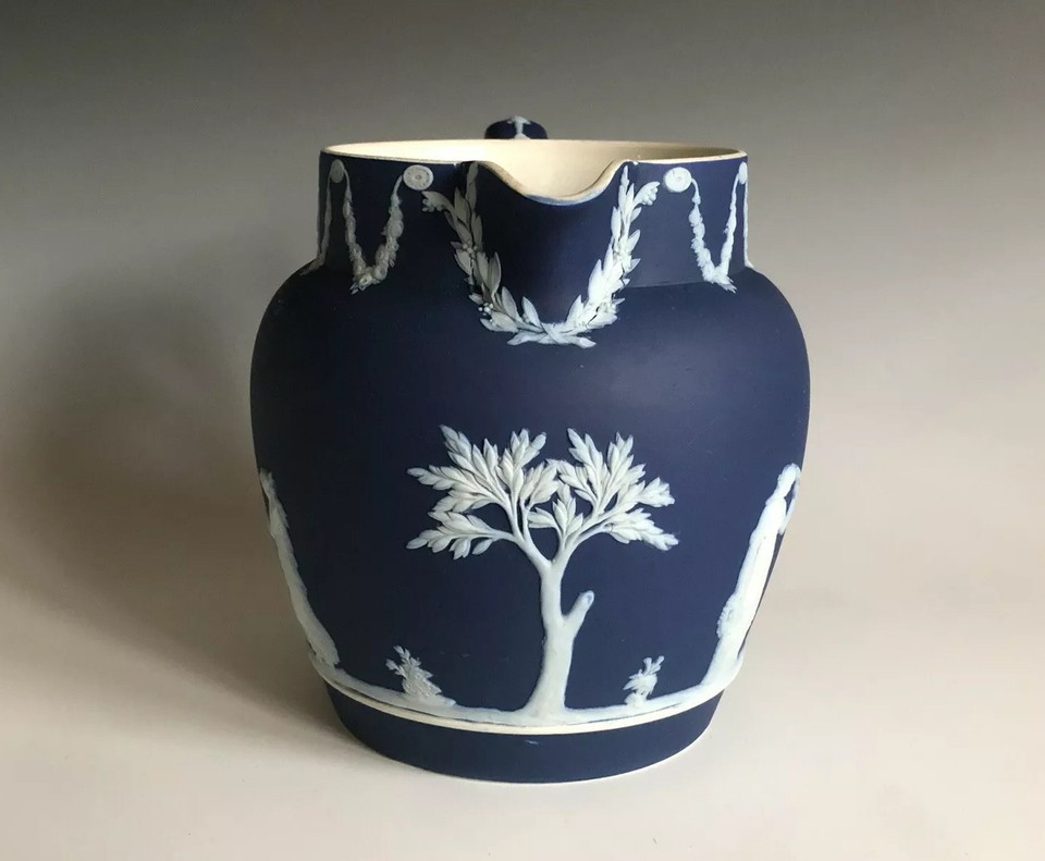 Wedgwood dark blue jasperware pitcher greek goddess cherubs trees ...