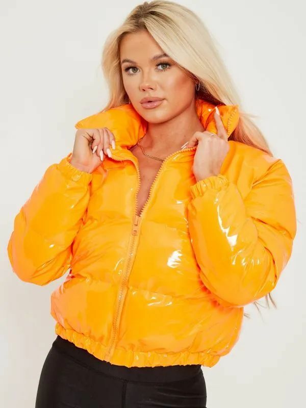 Women Shiny Wet Look Vinyl Thick Puffer Padded Quilted Cropped Short ...