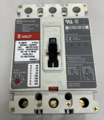 CUTLER HAMMER,HMCP015E0C,CIRCUIT BREAKER 15 AMP 600V 3 POLE | eBay