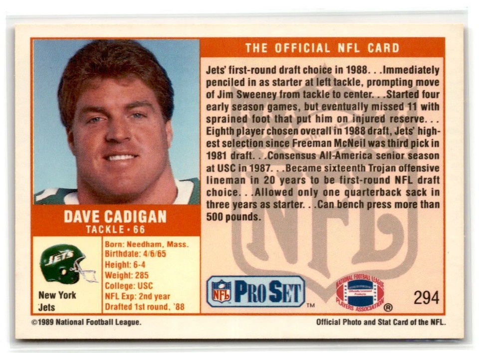 1989 Pro Set FOOTBALL #294 Dave Cadigan Rookie New York Jets | eBay