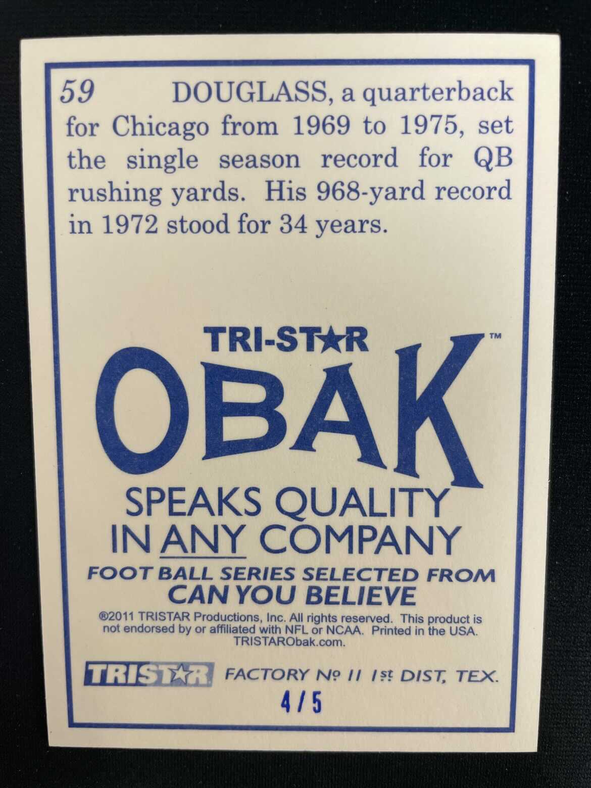 BOBBY DOUGLASS 2011 TRISTAR OBAK BLUE 4/5 1970'S CHICAGO BEARS LEGEND ...