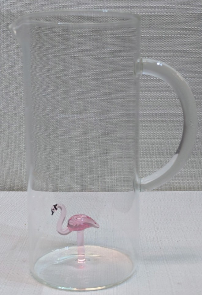 Flamingo Pitcher & 4 Drinking Glasses Decanter Set w/Pink Blown Glass ...