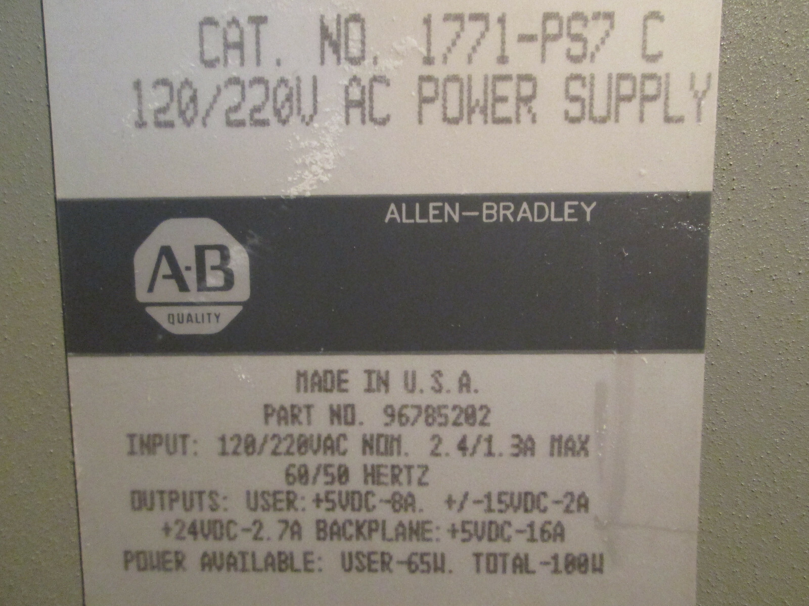 ALLEN BRADLEY 1771-PS7 , SERIES C POWER SUPPLY ASSEMBLY 120/220 AC ...