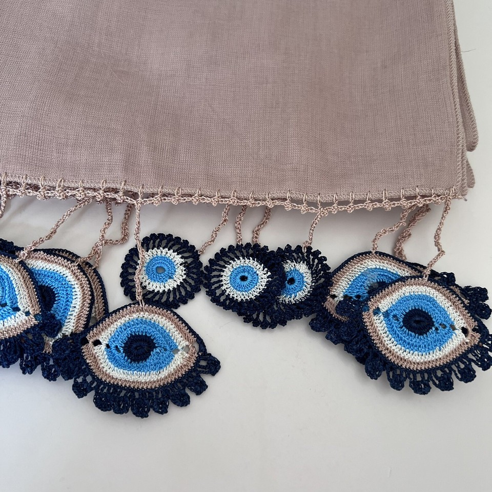 Double Layer Cotton Beige Hijab Cover, Crochet Shawl, Evil Eye Pattern ...