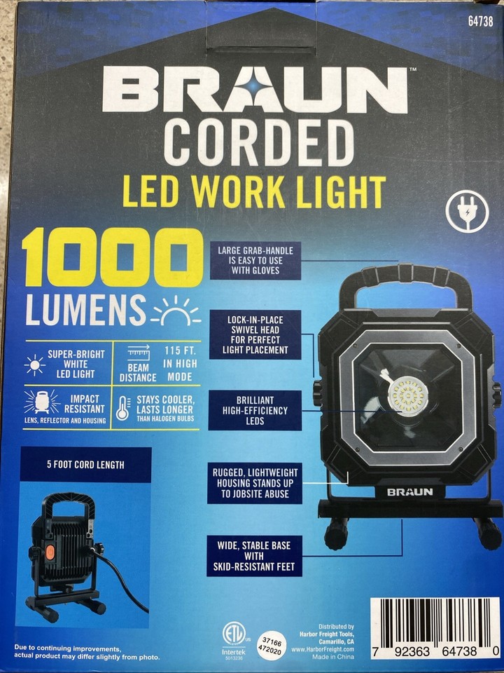 NEW BRAUN Corded 1000 Lumen White LED Work Light Adjustable Head Beam ...
