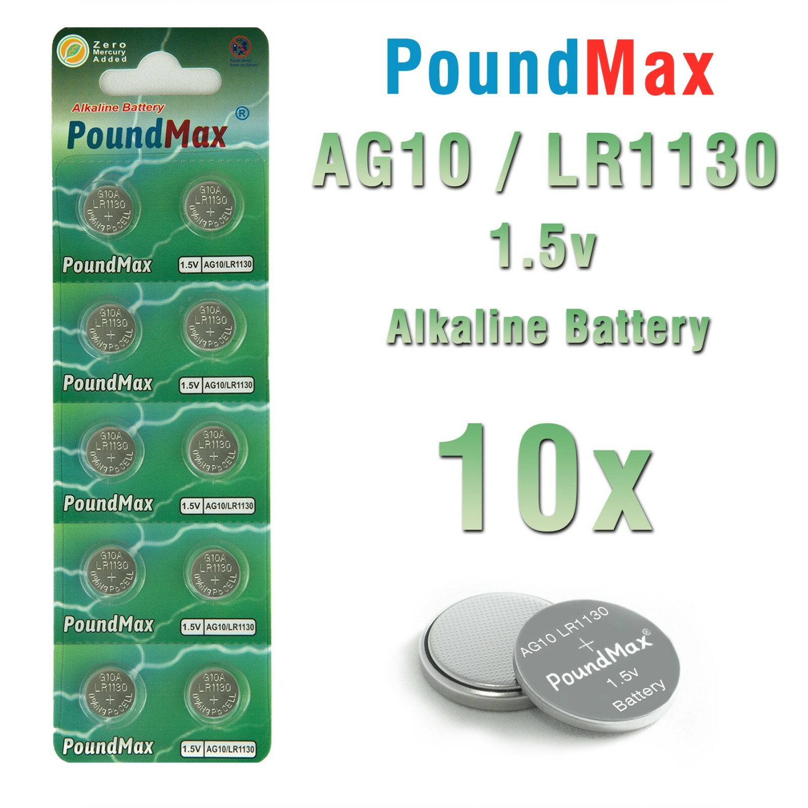 10 X Super AG10, LR1130 LR54 1.5v PoundMax Alkaline Button Cell Battery ...