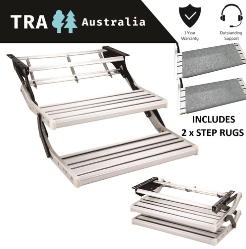 DOUBLE ALUMINIUM PULL OUT CARAVAN STEP + STEP RUGS RV PARTS ACCESSORIES ...