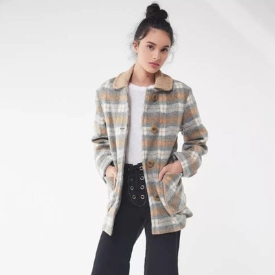 URBAN OUTFITTERS Belted Fuzzy Lady Coat Plaid Tan Gray | eBay