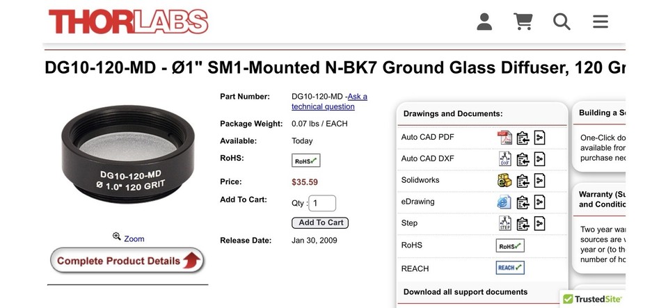 New! (2) ThorLabs DG10-120-MD Ø1" SM1 Mounted N-BK7 Ground Glass Diffusers | eBay