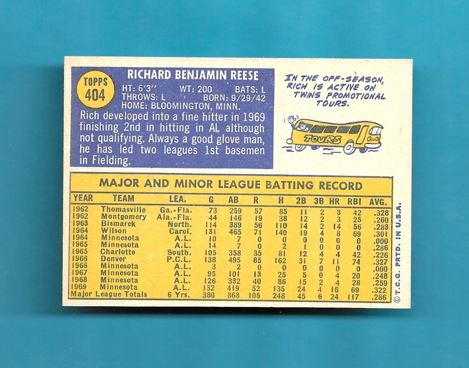1970 Topps CARD # 404 RICH REESE MINNESOTA TWINS SHARP! | eBay