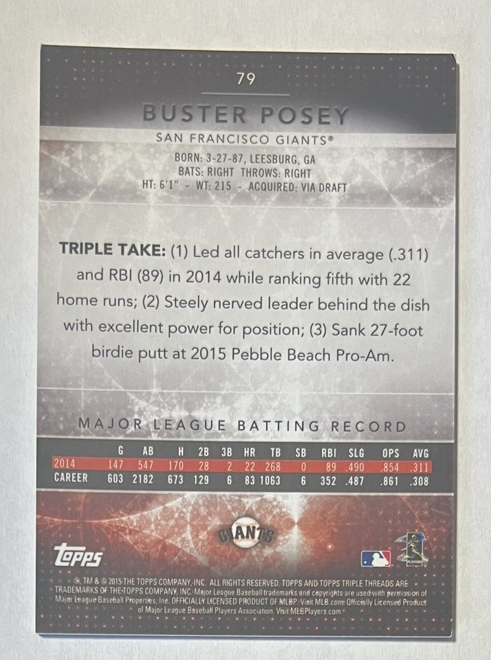 Buster Posey 2015 Topps Triple Threads Amethyst Triple Take Card #79 ...