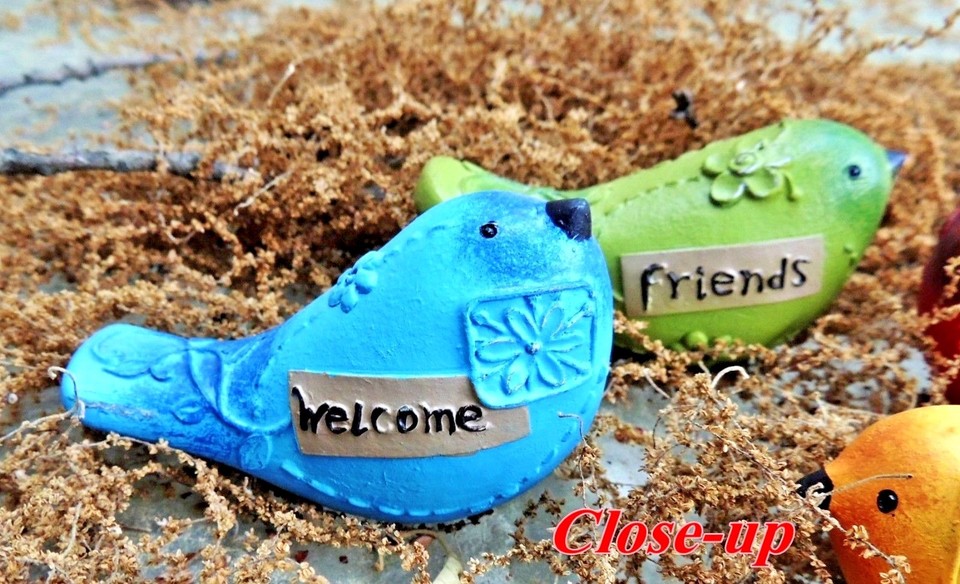 4 BEAUTIFUL MULTI COLORED SPRING BIRDS w/ WORDS 4" RESIN FAIRY GARDEN ...