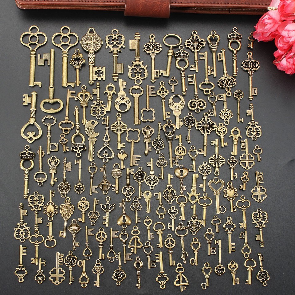 125PCS DIY Mixed Bronze Vintage Key Charms Pendant Steampunk Bronze ...
