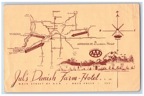 Rock Falls Illinois IL Postcard Danish Farm Hotel And Restaurant Map ...