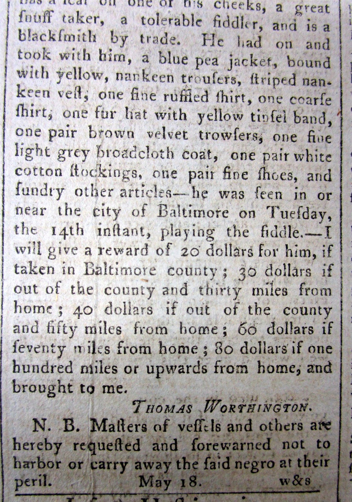 Rare 1799 BALTIMORE MARYLAND newspaper with named RUNAWAY SLAVE ADs ...