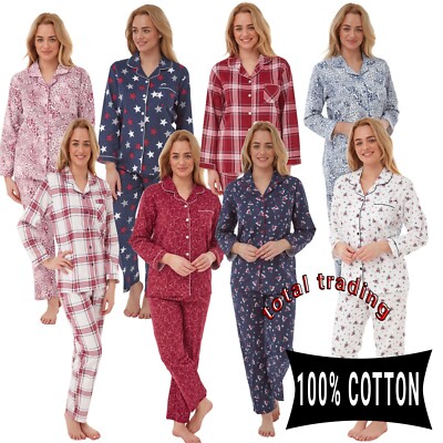 Ladies Pyjamas 100% Cotton Womens brushed Nightwear PJs Set | eBay