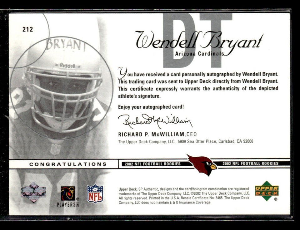 2002 SP Authentic #212 Wendell Bryant AUTO RC /1150 | eBay
