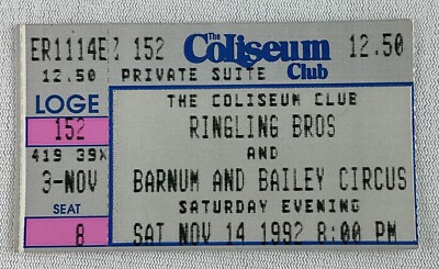 1992 11/14 RINGLING BROS and BARNUM AND BAILEY Circus Ticket-Coliseum ...
