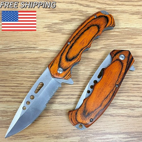 8.75" Wood Handle Tactical Spring Assisted Folding Pocket Knife Open ...