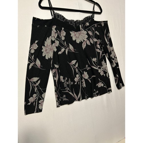 Maurices Black Floral Lace Inset Long Sleeve Cold Shoulder Soft Relaxed ...