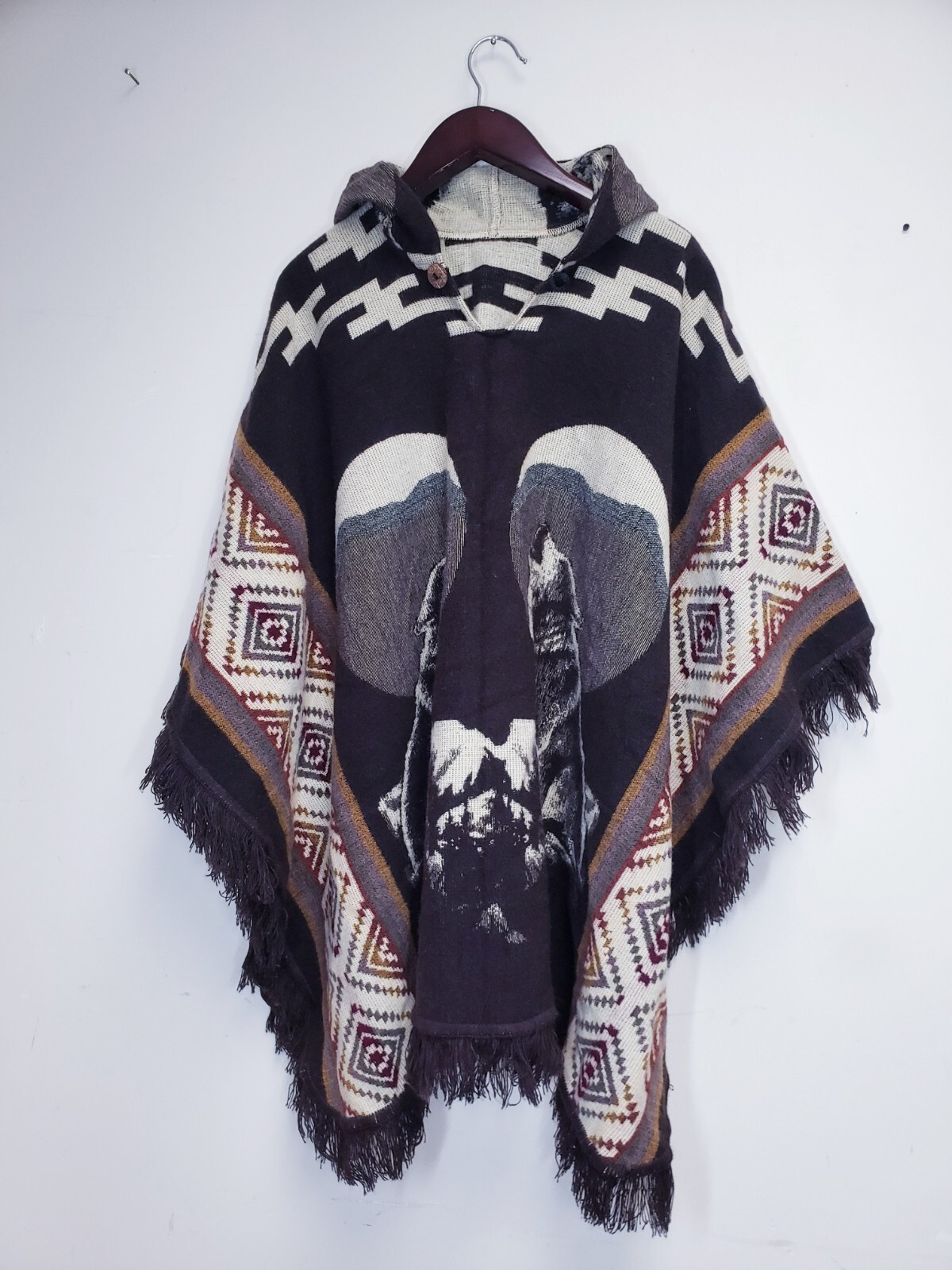 Alpaca Wool Poncho, Unisex, Native Wolf, Cape, Hooded… - Gem