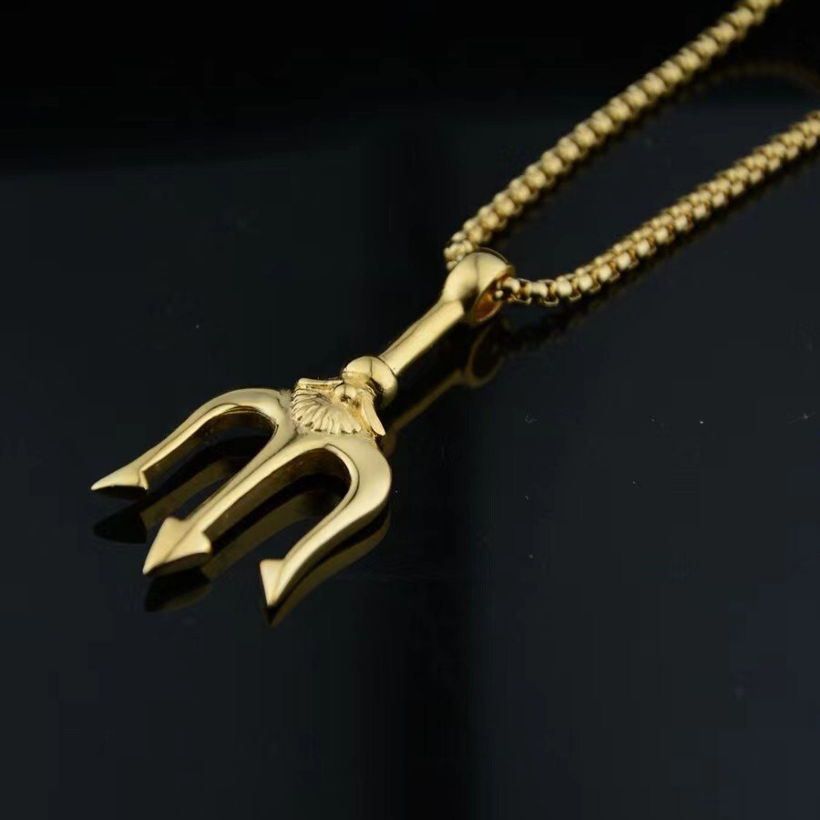 Men's Gold Poseidon Trident Pendant Necklace Punk Rock Biker Jewelry ...