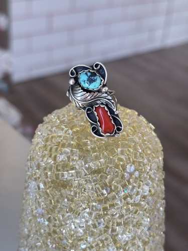 IMPRESSIVE VINTAGE NAVAJO TURQUOISE & CORAL 925 silver RING old pawn ...