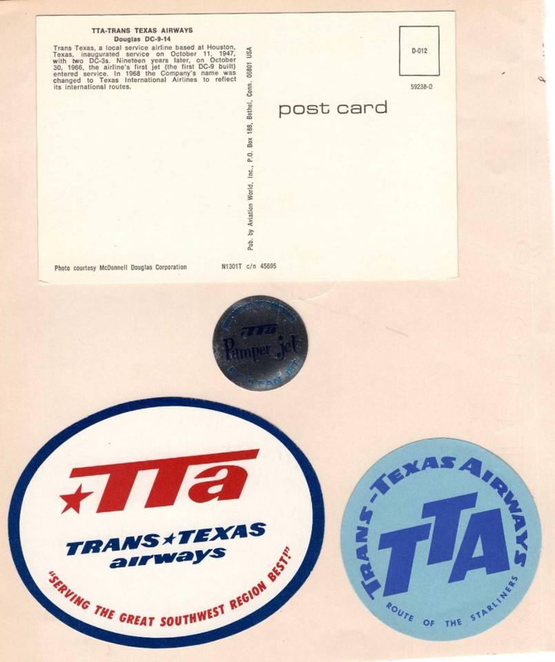 TEXAS TTA DC 9 -14 AIRLINE PCD & 3 LABEL srv began 1968 , TRANS TEXAS ...