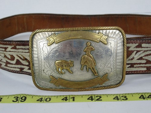 Calf Roping Cowboy on Horse Nickel Silver Buckle with 42" Belt Cow Rope ...