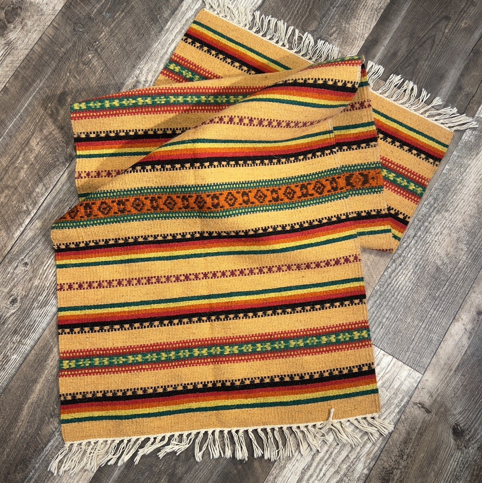 Zapotec Oaxaca Wool Rug 24x60" Hand Made Woven Orange Rasta Geometric ...