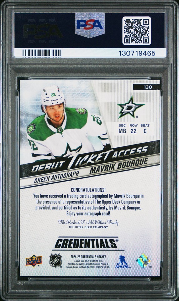 2024 UPPER DECK CREDENTIALS AUTO-GREEN #130 MAVRIK BOURQUE ROOKIE RC 6/ ...