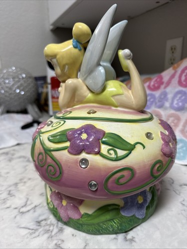 DISNEY TINKER BELL ON A MAGIC MUSHROOM WITH JEWELS & FLOWERS COOKIE JAR ...