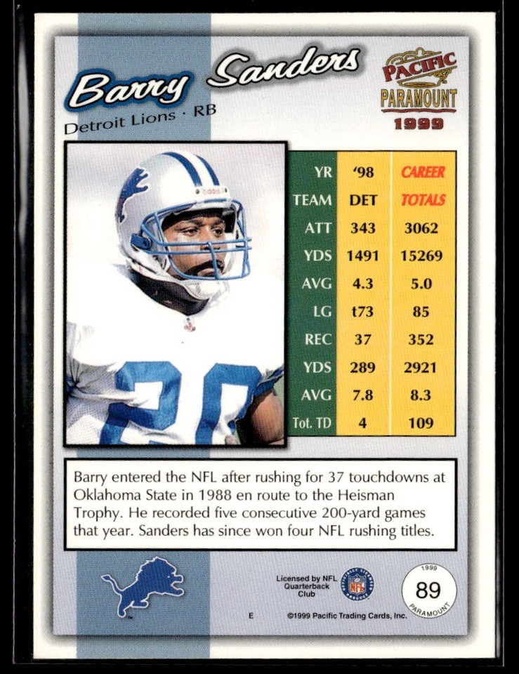 1999 Pacific Paramount #89 Barry Sanders Lions Football Card 3603A | eBay
