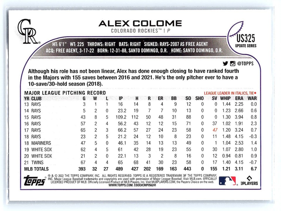 2022 Topps Update Baseball #US325 Alex Colome Colorado Rockies | eBay
