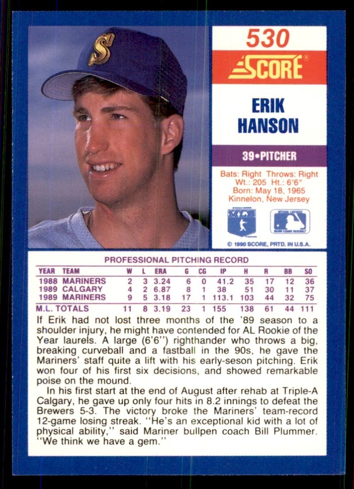 1990 Score Erik Hanson Baseball Cards #530 | eBay