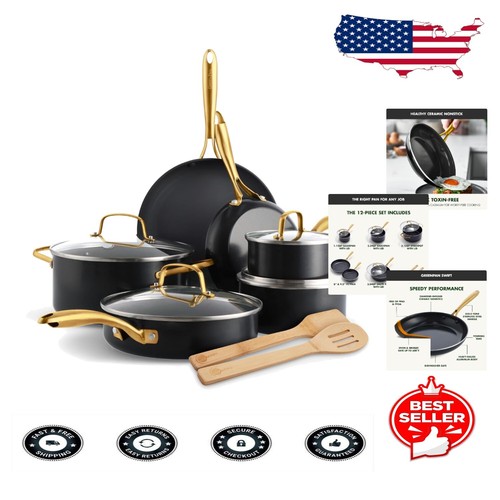 Swift 12-Piece Ceramic Nonstick Cookware Set - PFAS & PFOA-Free, Gold ...