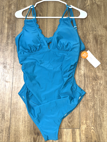 CHARMO Women’s One Piece Swimsuit V Neck Hi Cut Padded Teal UPF 50+ L ...