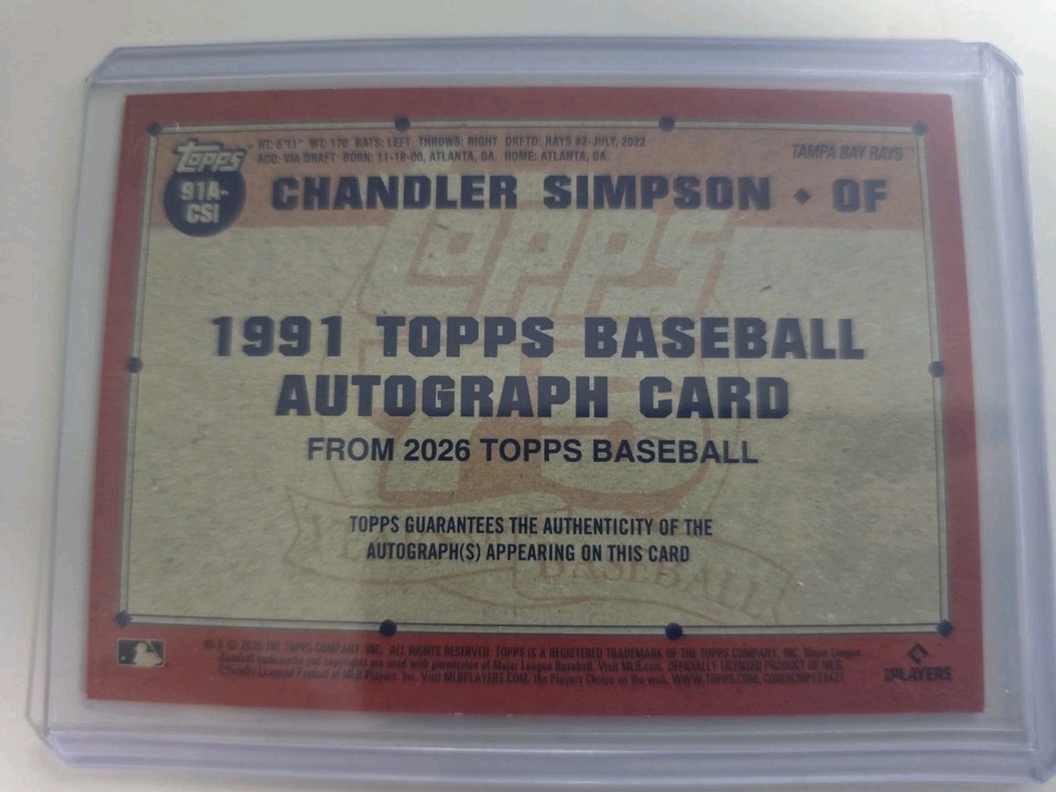 2026 TOPPS SERIES 1 CHANDLER SIMPSON #91A-CSI 1991 TOPPS ON CARD AUTO ...