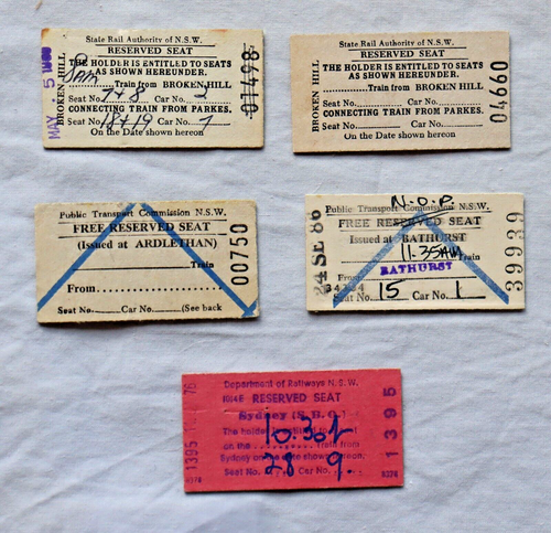 "New South Wales Railways Reserved Seat Edmondson Tickets" Five (5) Of ...