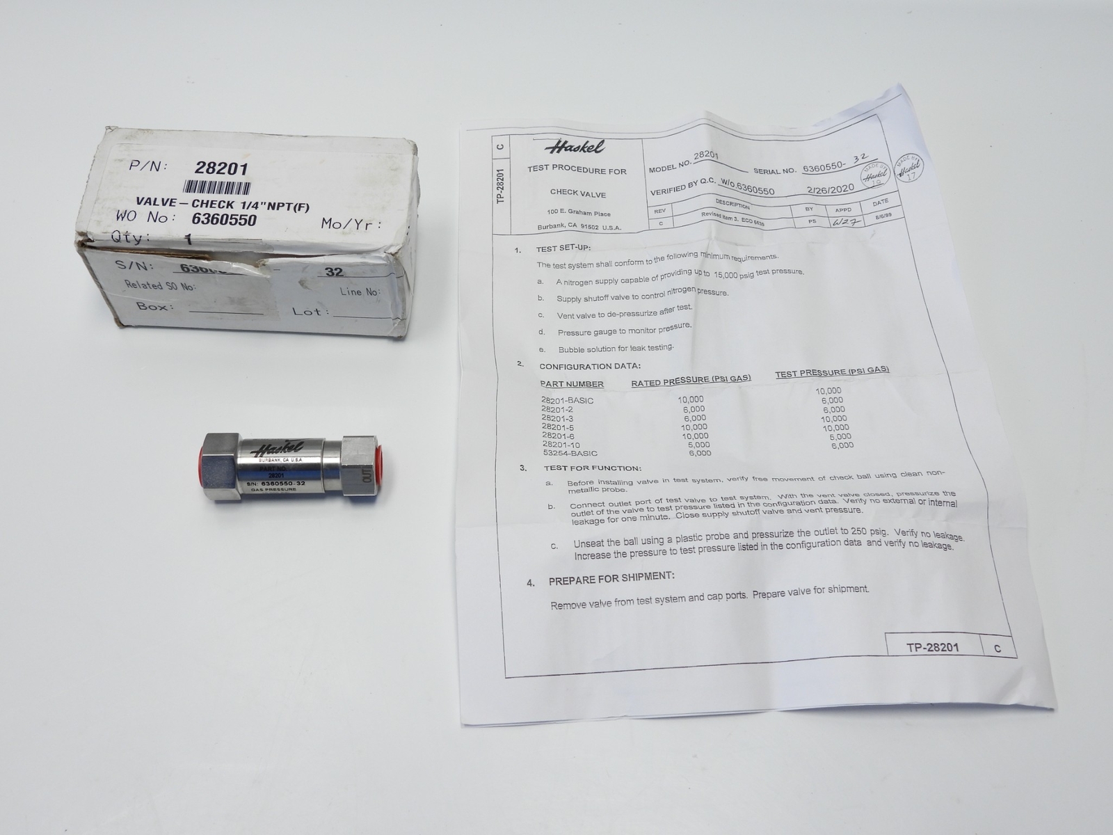 Haskel 28201 Check Valve 1/4" NPT F 10,000 psi Gas Pressure, 15,000 psi ...