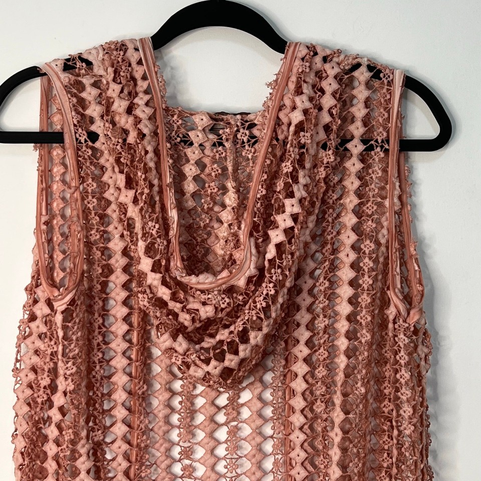 POL Duster Vest Crochet Fringe Trim Hood Size S Dark Blush Pink Boho ...