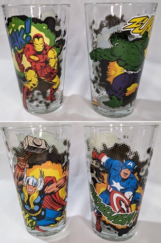 Marvel Superheroes Comic book art Pint Glass set of 2 Hulk, Thor, Iron ...