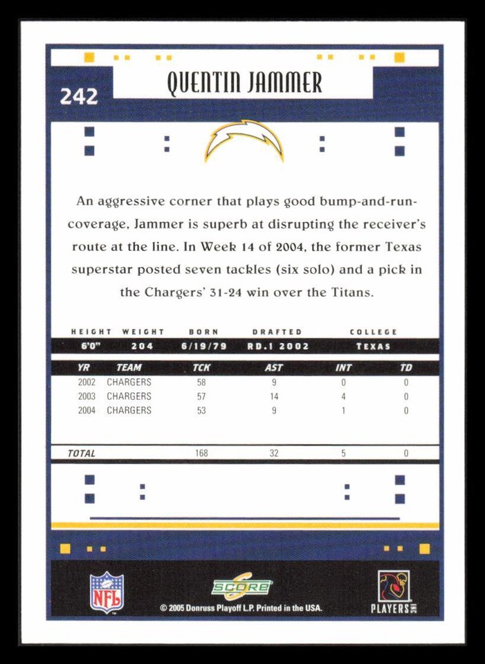2005 Score #242 Quentin Jammer | eBay