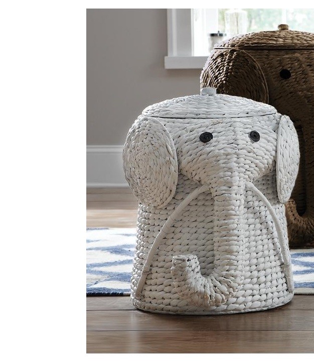 Elephant Hamper White Wicker Laundry Basket Clothes Bin Lid Woven Decor ...