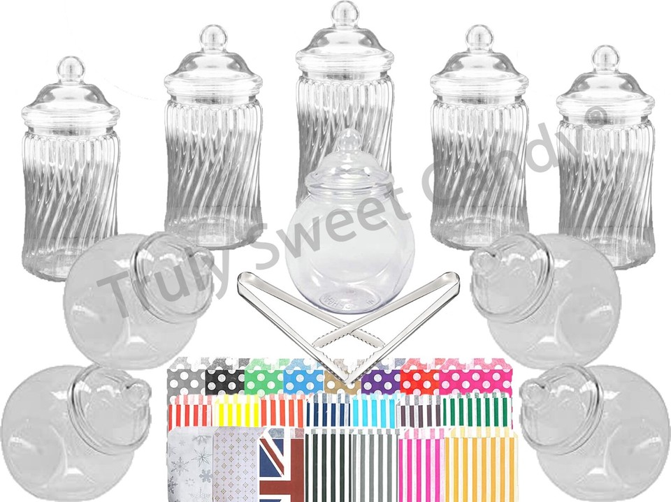10x 650 & Spiral Plastic Sweet Jars 2 tongs 50 bags Candy Buffet ...