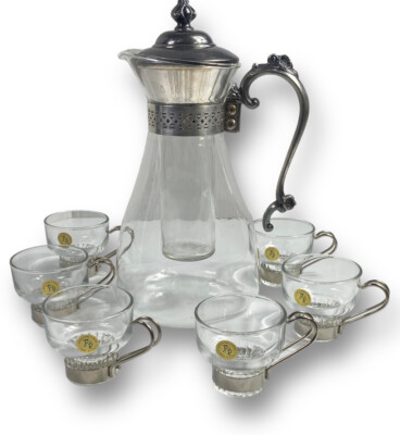 Silverplate Carafe Hot Cold Pitcher Freezable Ice Insert 6 Glass ...
