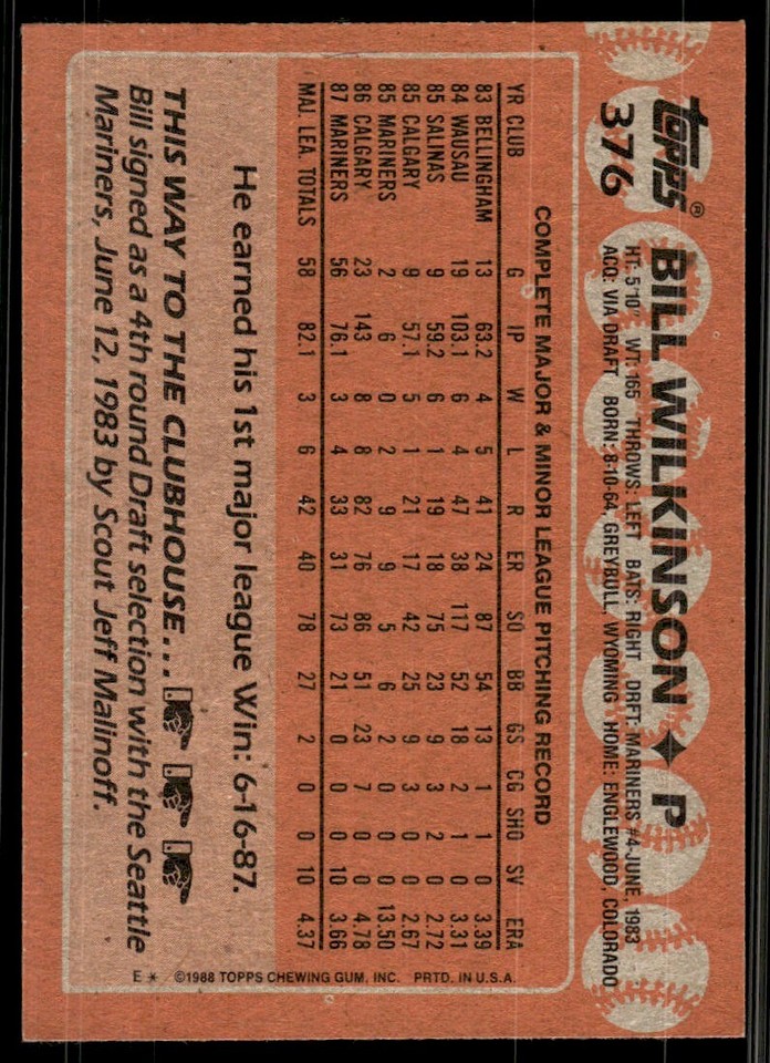 1988 Topps Bill Wilkinson Rookie Baseball Card Seattle Mariners #376 | eBay
